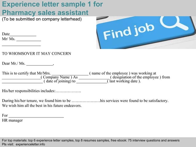 Pharmacy sales assistant experience letter | PPT | Resume Writing and ...