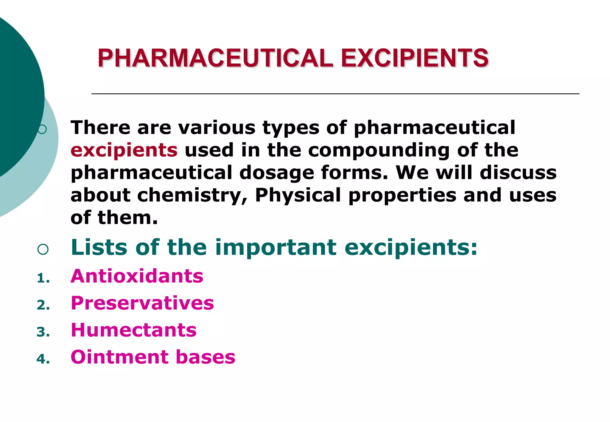Pharma excipients antioxidant,acid,alkali,preservative | PPT