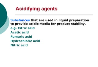 Pharma excipients antioxidant,acid,alkali,preservative | PPT
