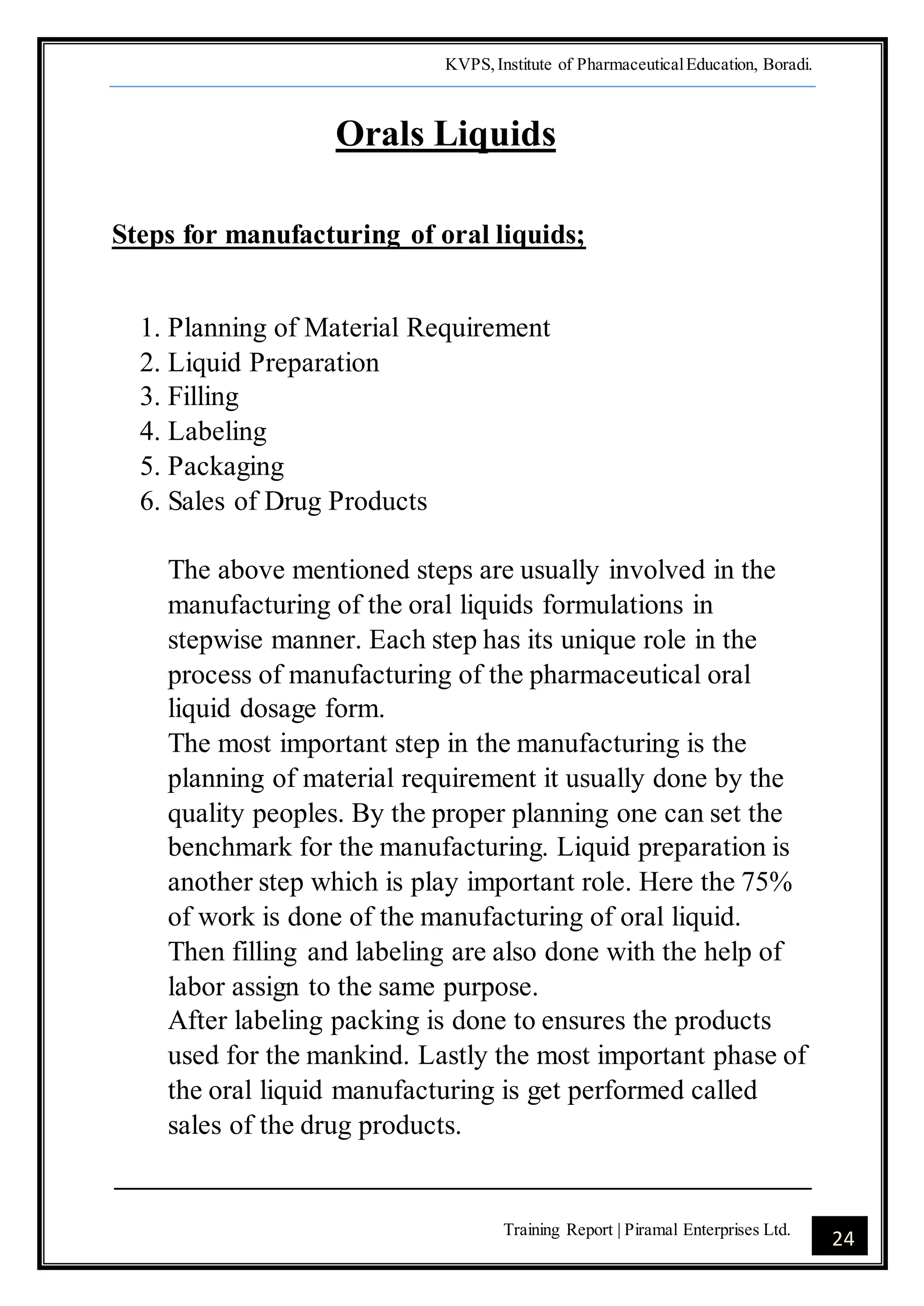 pharmacy Industrial training report | PDF