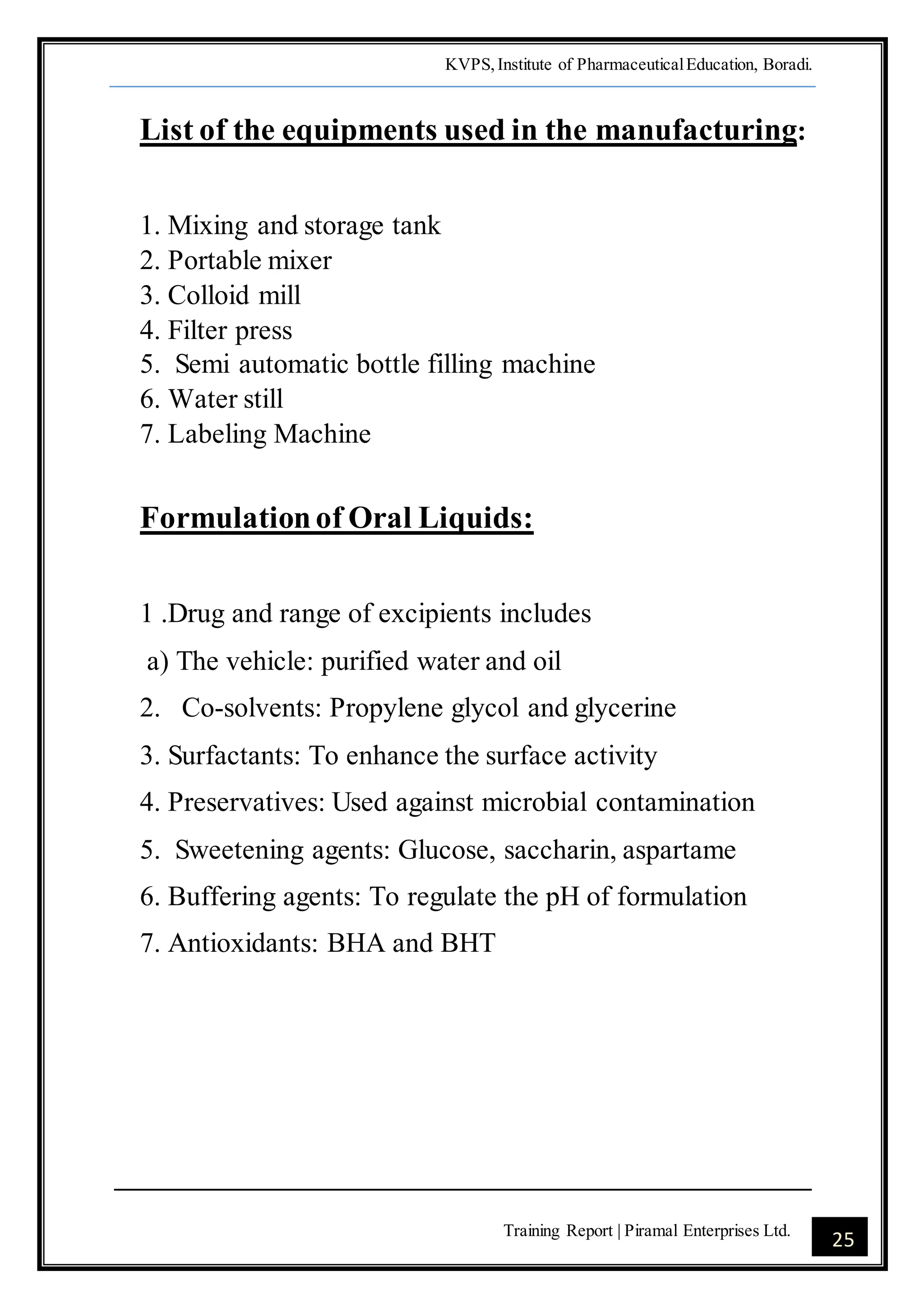 pharmacy Industrial training report | PDF