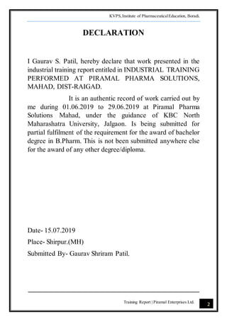 pharmacy Industrial training report | PDF