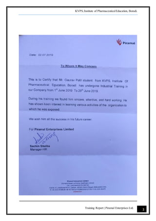 pharmacy Industrial training report | PDF