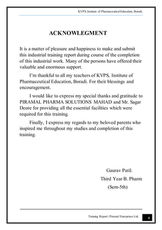 pharmacy Industrial training report | PDF
