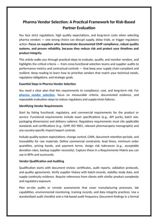 Pharma Vendor Selection A Practical Framework for Risk Based Partner ...