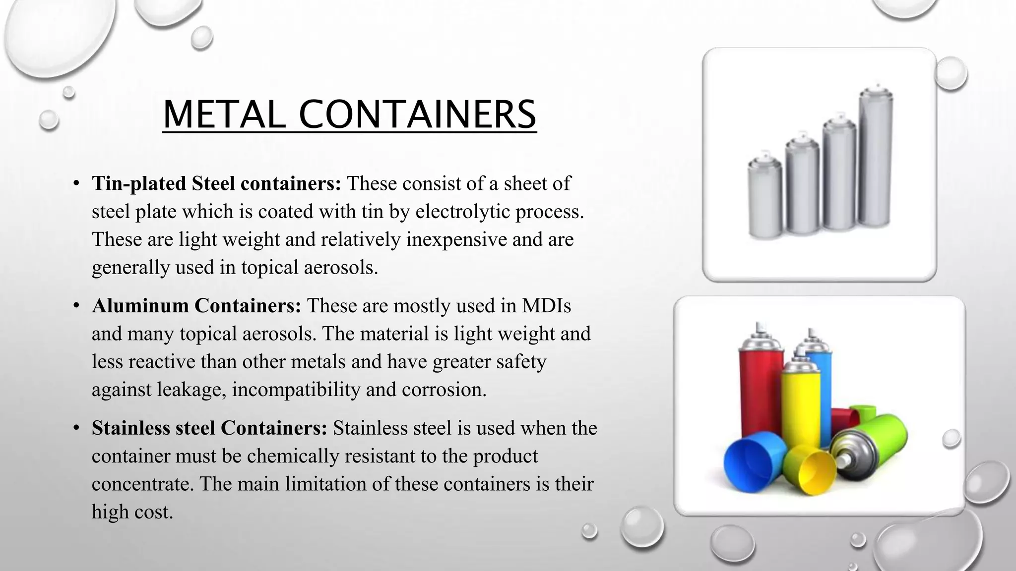 Aerosols Valve assembly & types of containers | PPTX