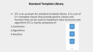 STL is an acronym for standard template library. It is a set of C++ template classes that ...