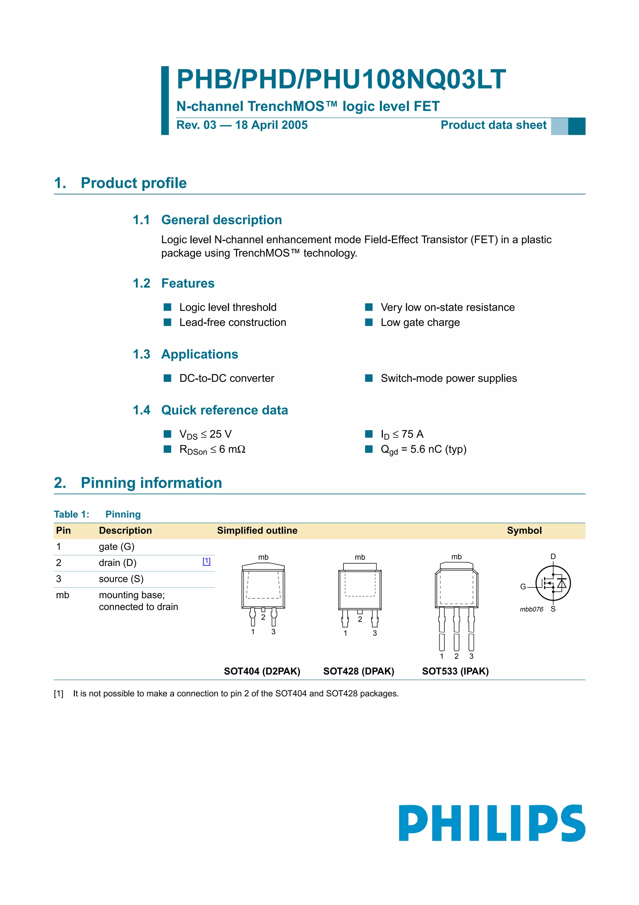 Original N-channel Mosfet PHB108NQ03LT PHB108 NQ03LT 25V 75A TO-252 New NXP | PDF