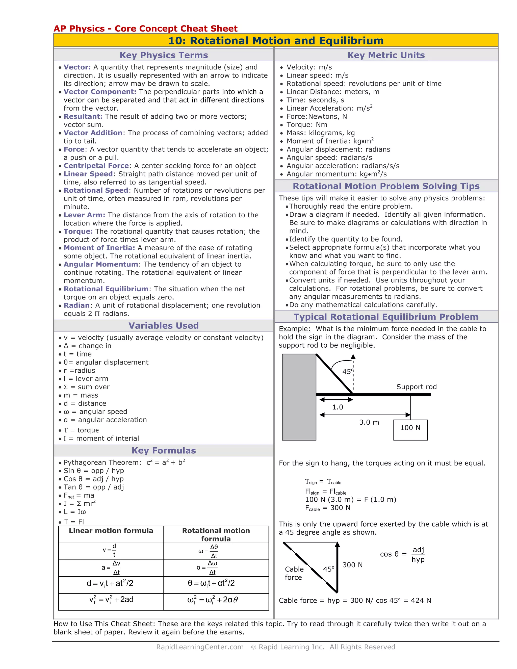 Rotational Motion & Equilibrium cheat sheet | PDF