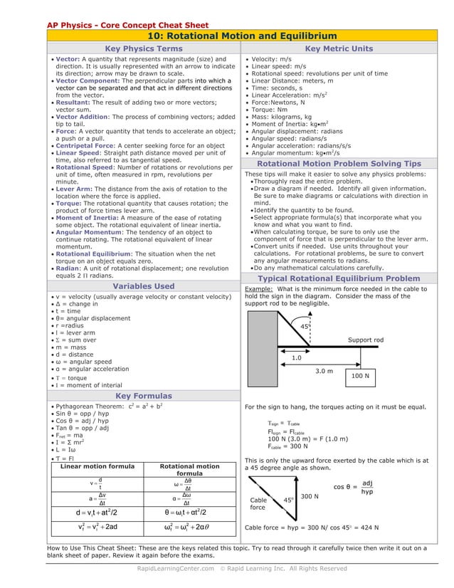 Rotational Motion & Equilibrium cheat sheet | PDF | Physics | Science