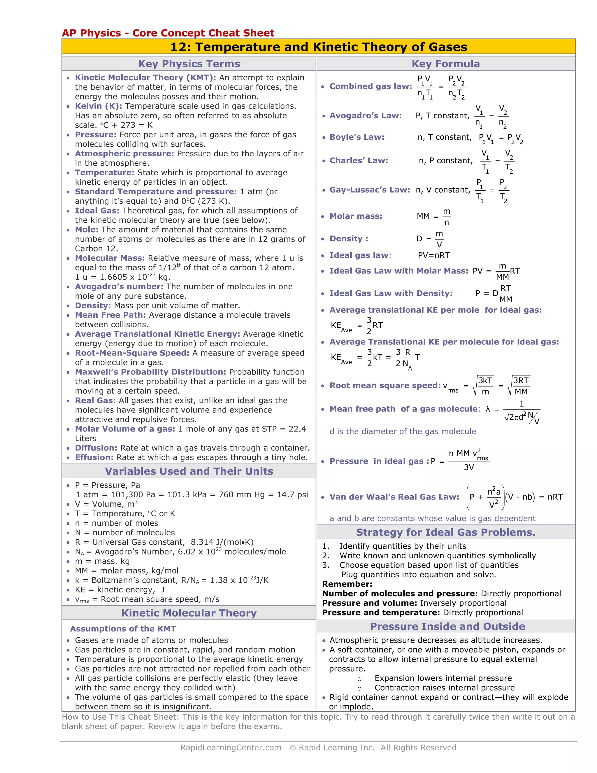 Temperature and Kinetic Theory of Gases cheat sheet | PDF
