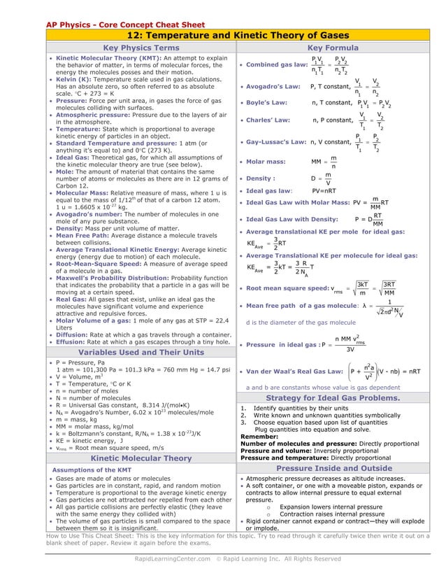 Temperature and Kinetic Theory of Gases cheat sheet | PDF | Physics ...