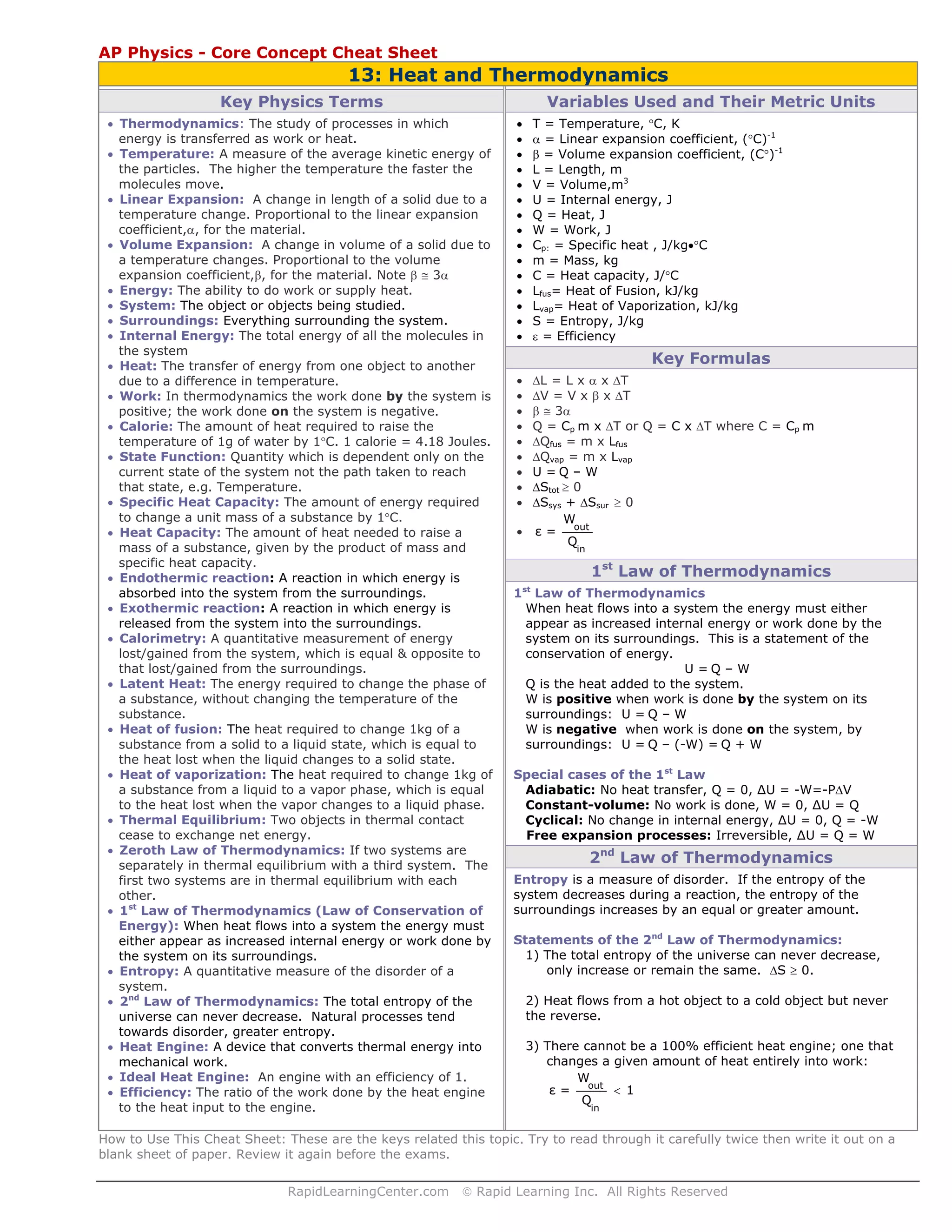 Heat and Thermodynamics cheat sheet | PDF