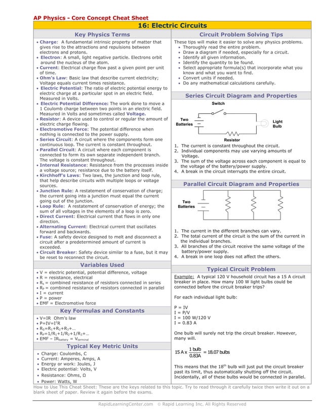 Electric Circuits cheat sheet | PDF | Physics | Science