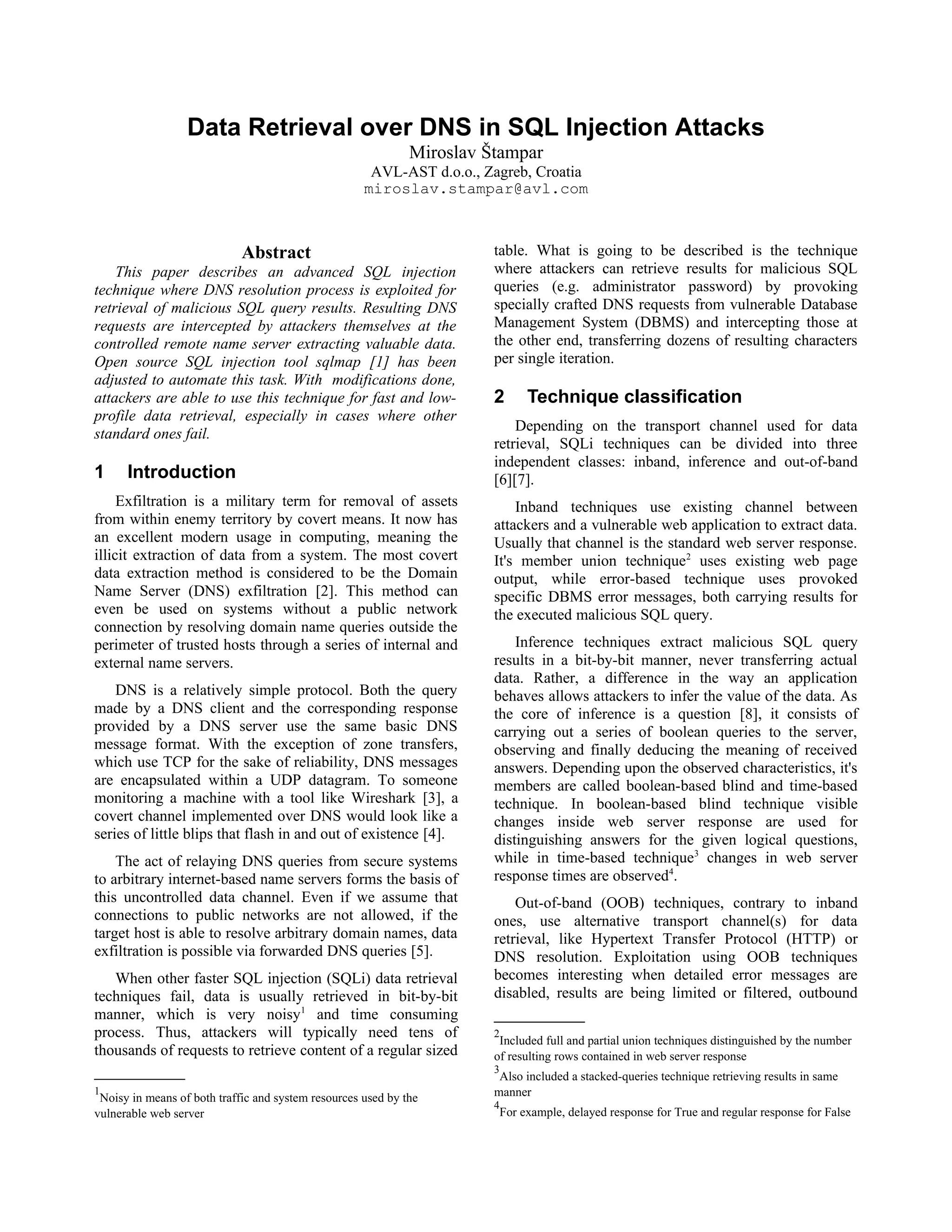 Data Retrieval over DNS in SQL Injection Attacks | PDF