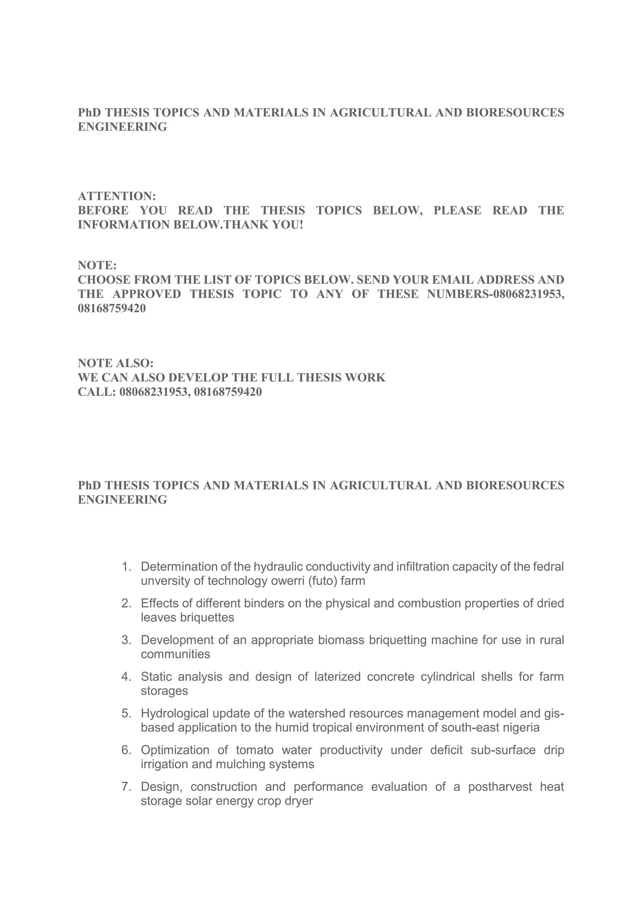 PhD THESIS TOPICS AND MATERIALS IN AGRICULTURAL AND BIORESOURCES ...