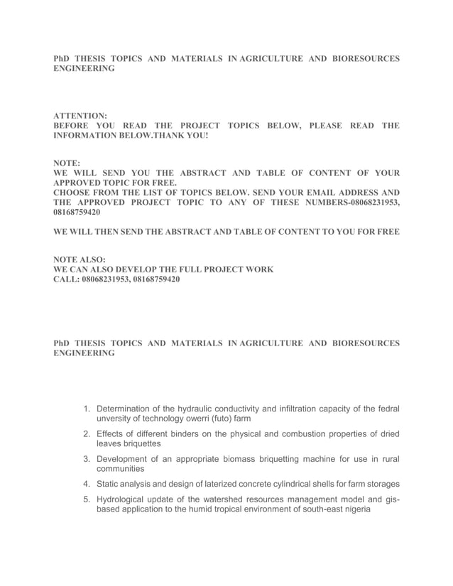 PhD THESIS TOPICS AND MATERIALS IN AGRICULTURE AND BIORESOURCES ...