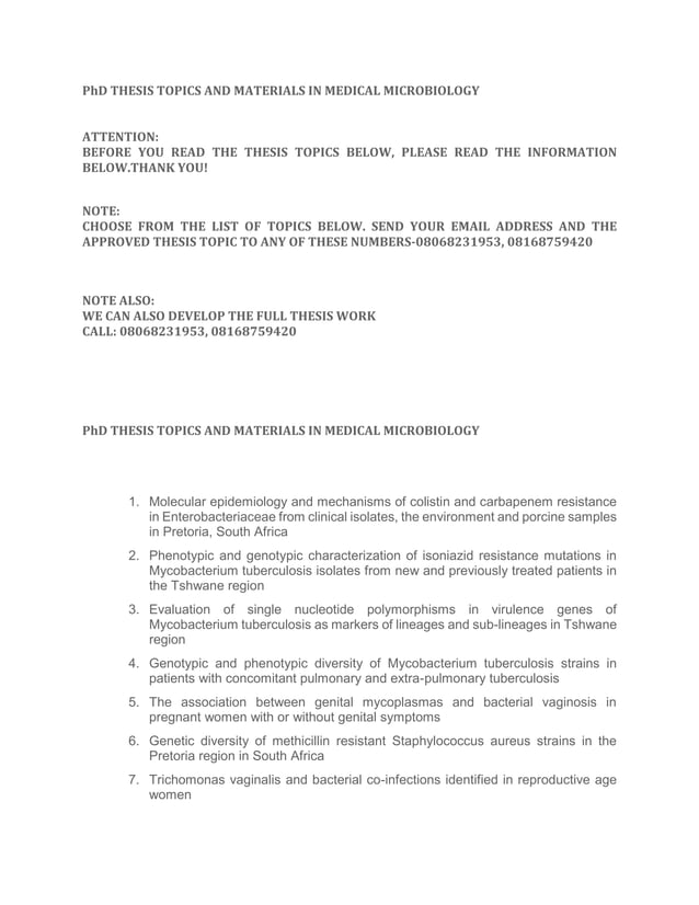 PhD THESIS TOPICS AND MATERIALS IN MEDICAL MICROBIOLOGY.docx | Genetics ...
