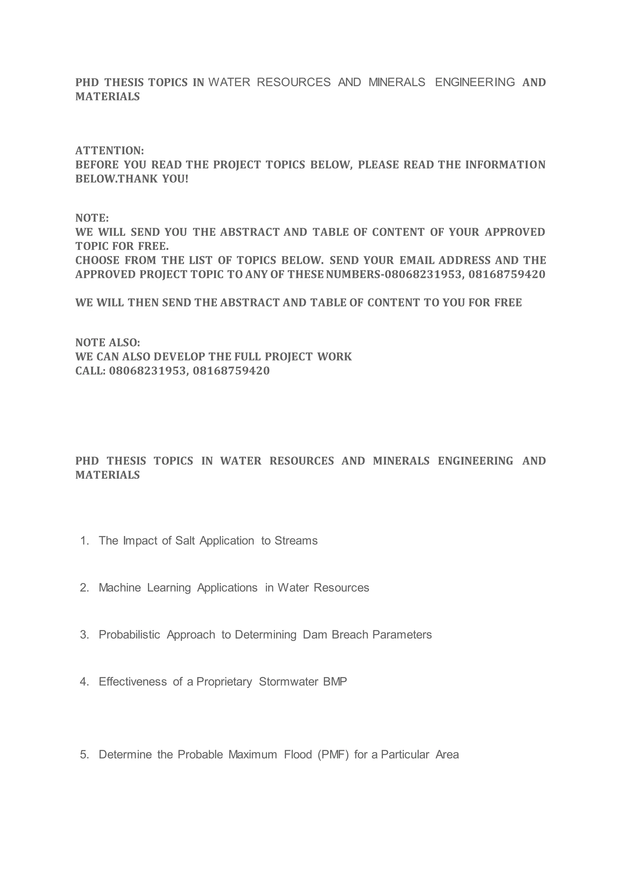 Phd thesis topics in water resources and minerals engineering and ...