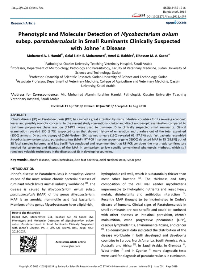 Phenotypic and Molecular Detection of Mycobacterium avium subsp ...