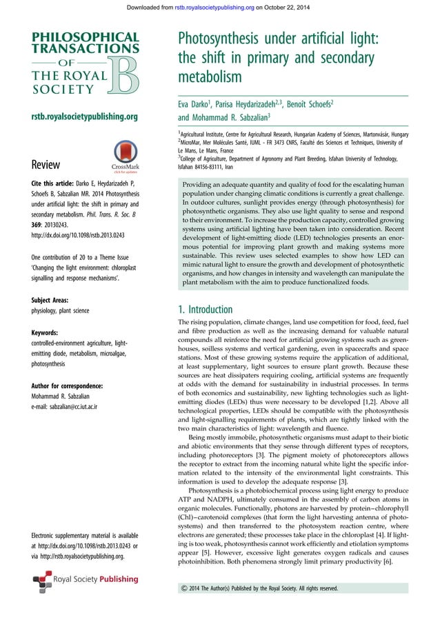 Photosynthesis under artificial light: the shift in primary and secondary metabolism | PDF