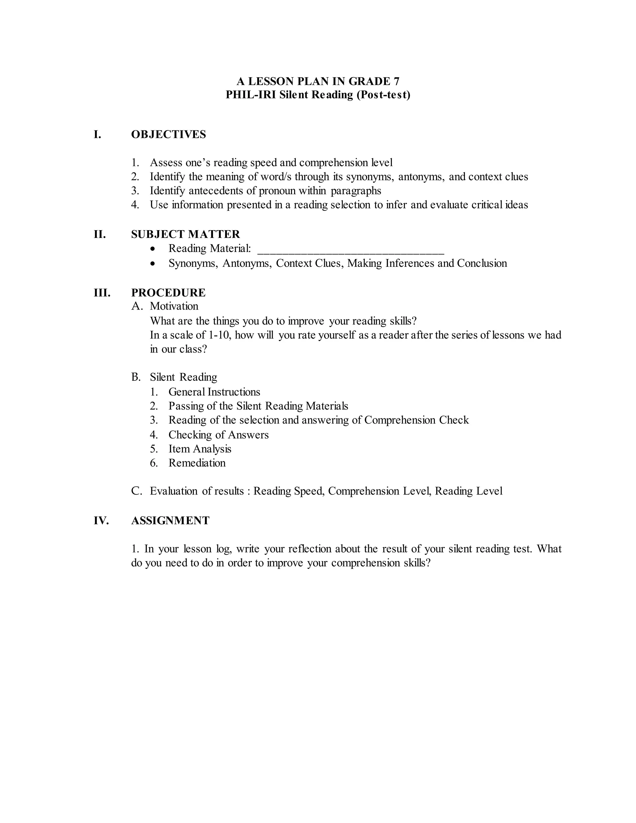 Phil iri silent reading plan | DOCX