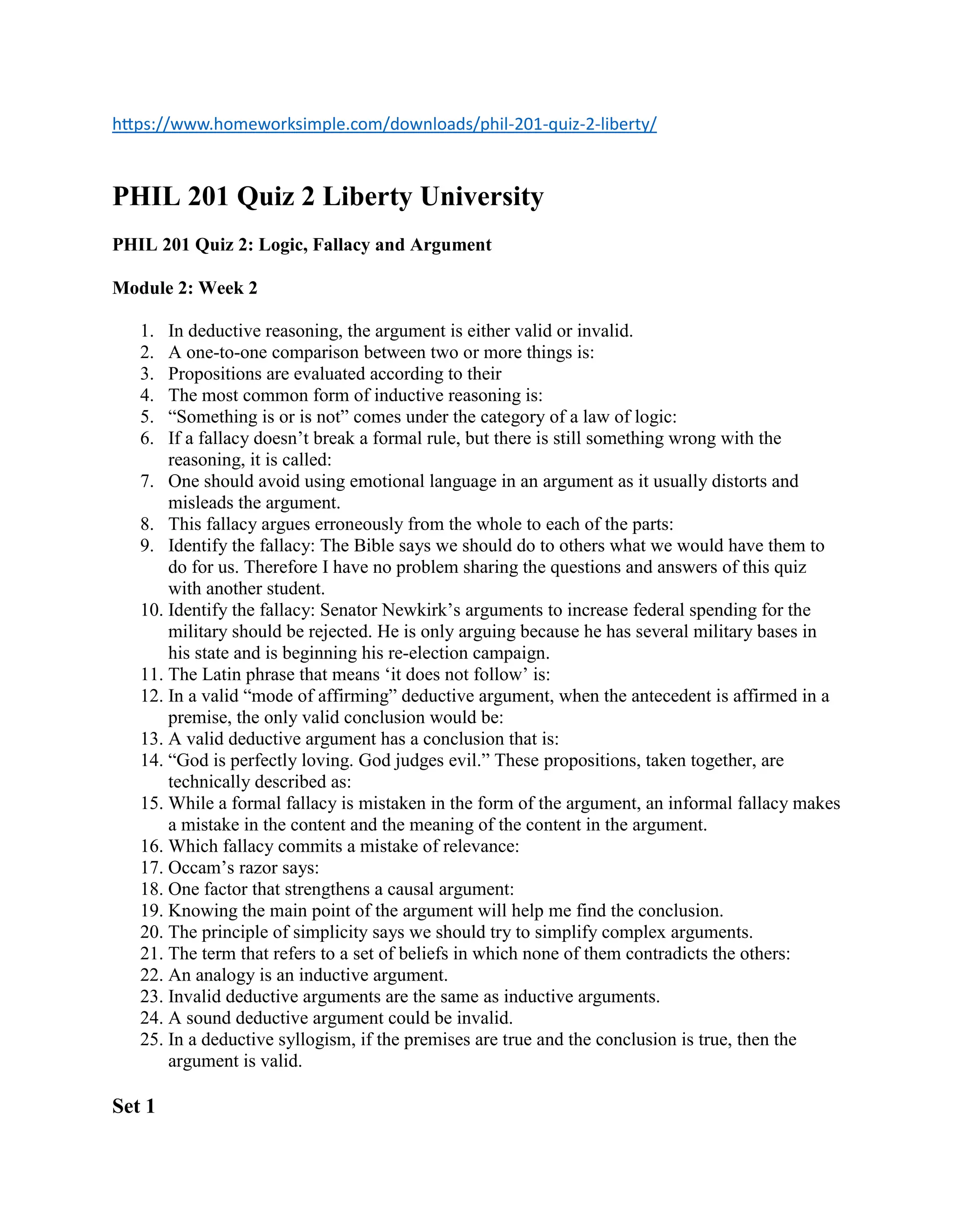 PHIL 201 Quiz 2 Liberty University Homeworksimple.com