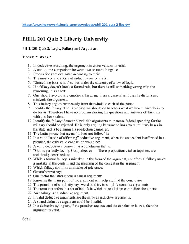PHIL 201 Quiz 2 Liberty University Homeworksimple.com
