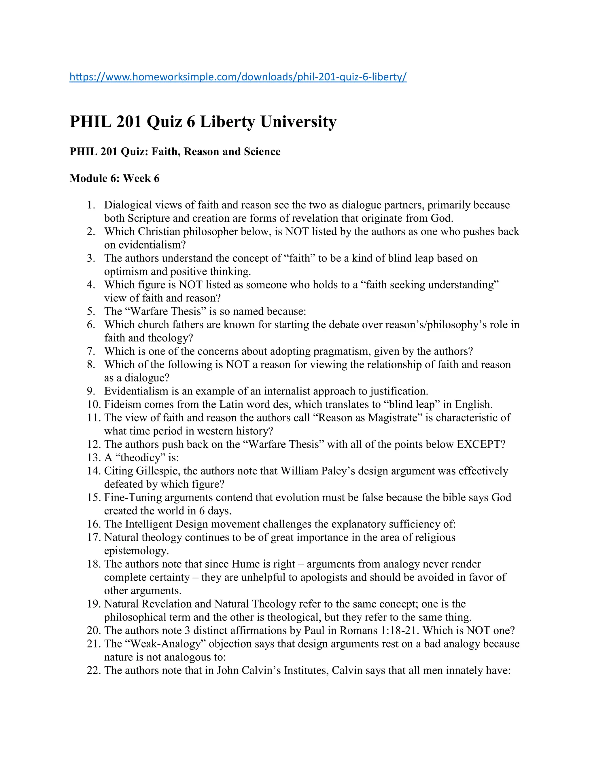 PHIL 201 Quiz 6 Liberty University Homeworksimple.com