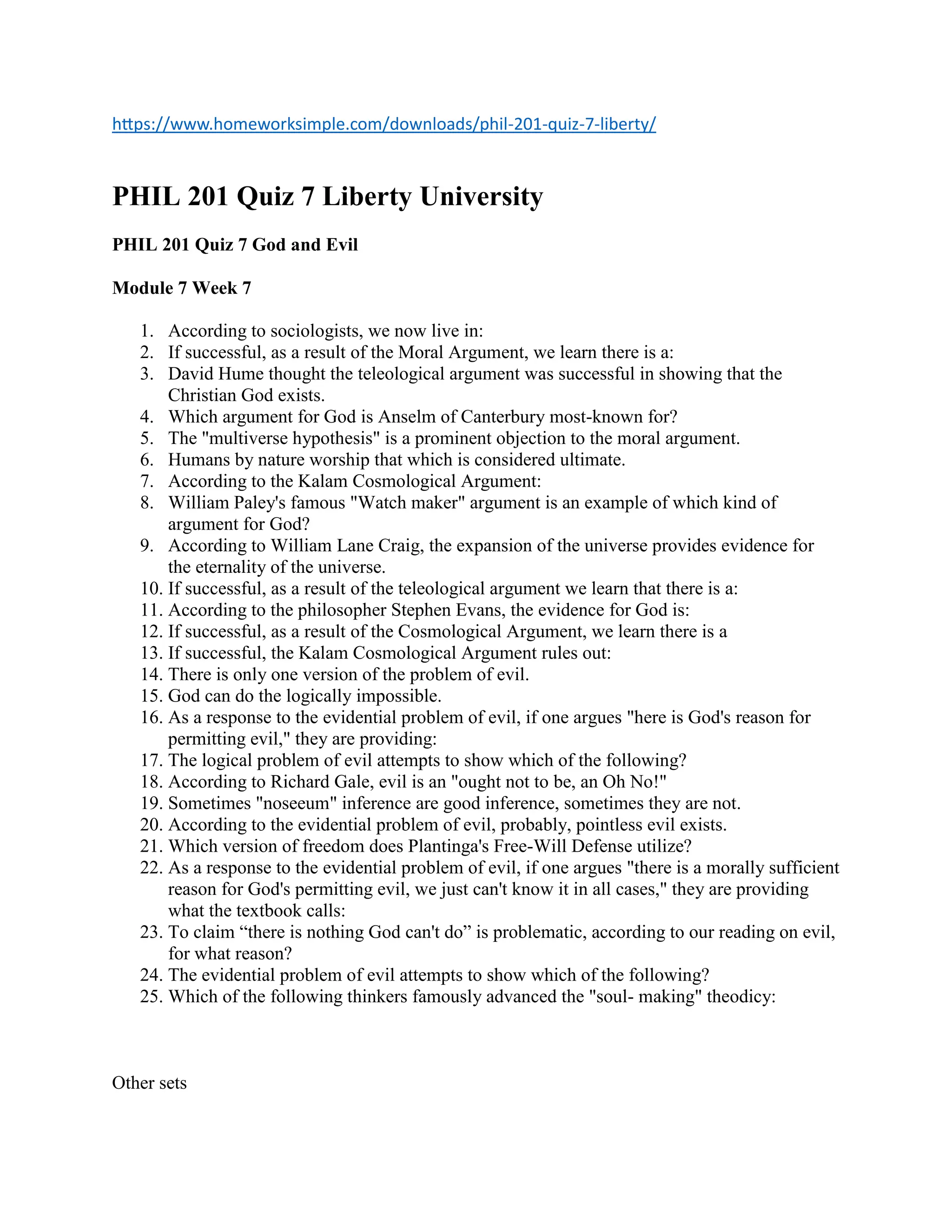 PHIL 201 Quiz 7 Liberty University homework simple.com