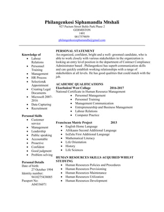 Philangenkosi mtshali resume | PDF