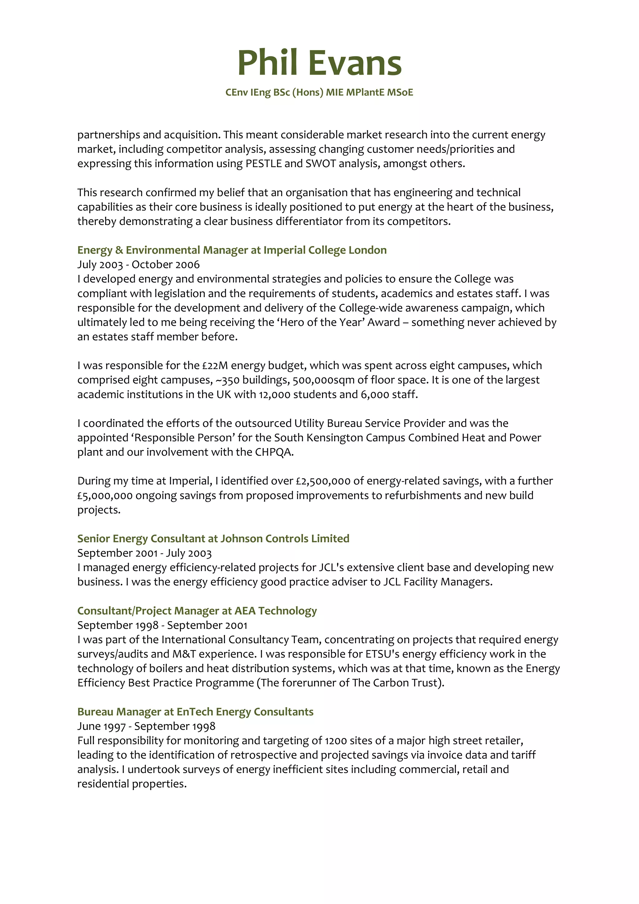 Phil Evans CV January 2012 | PDF | Power and Energy Industry | Industries