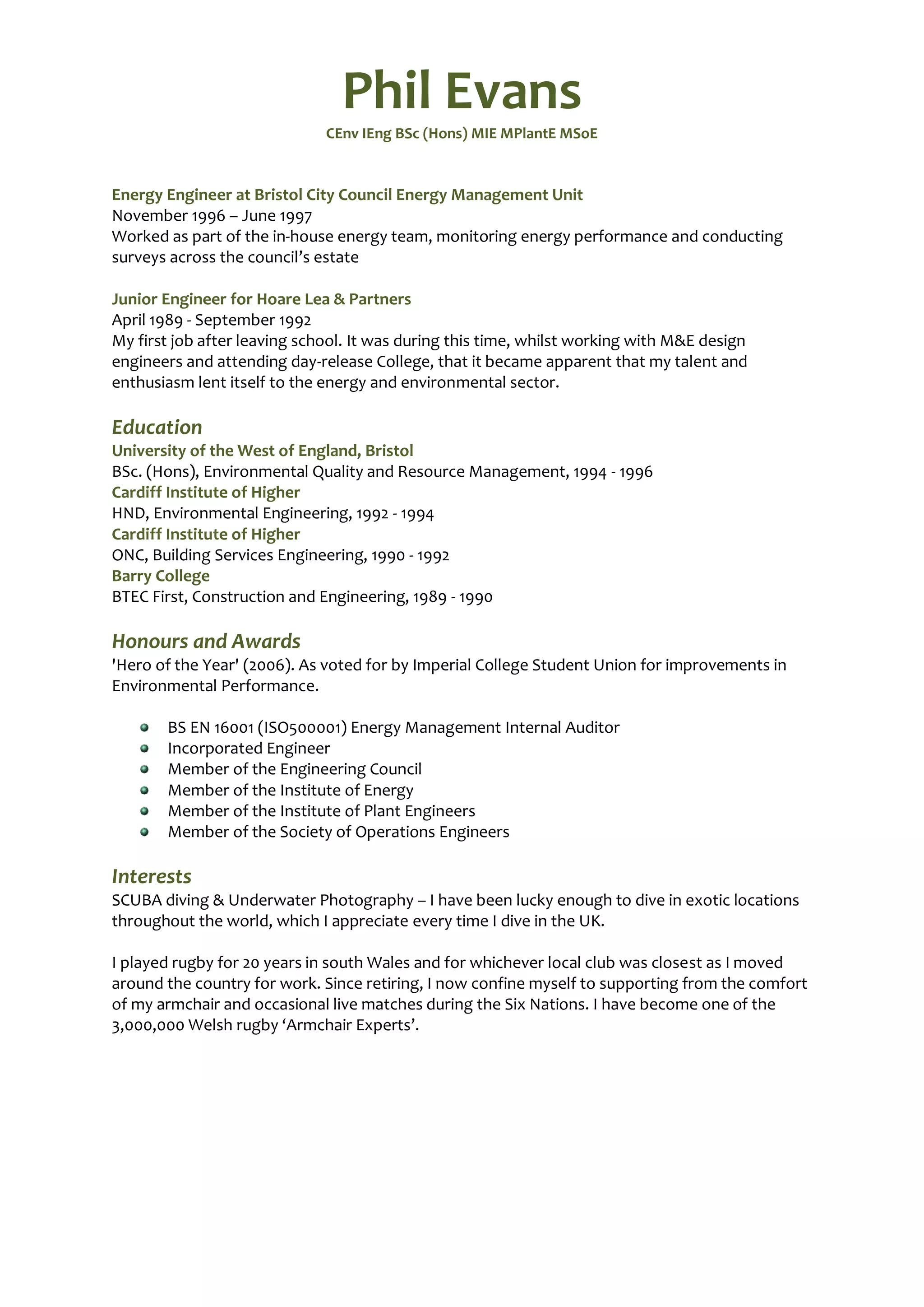 Phil Evans CV January 2012 | PDF | Power and Energy Industry | Industries