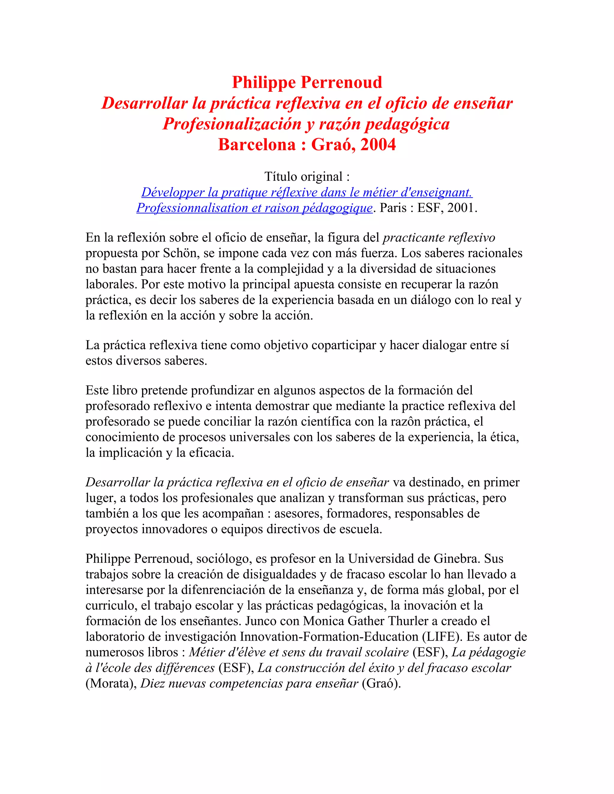 Philippe perrenoud la practica reflexiva | DOC