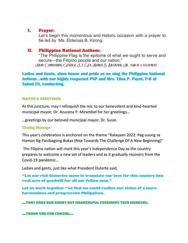 Independence Day Emcee Script | PDF | National & Civic Holidays | Holidays