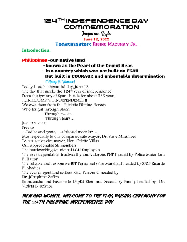 Independence Day Emcee Script | PDF