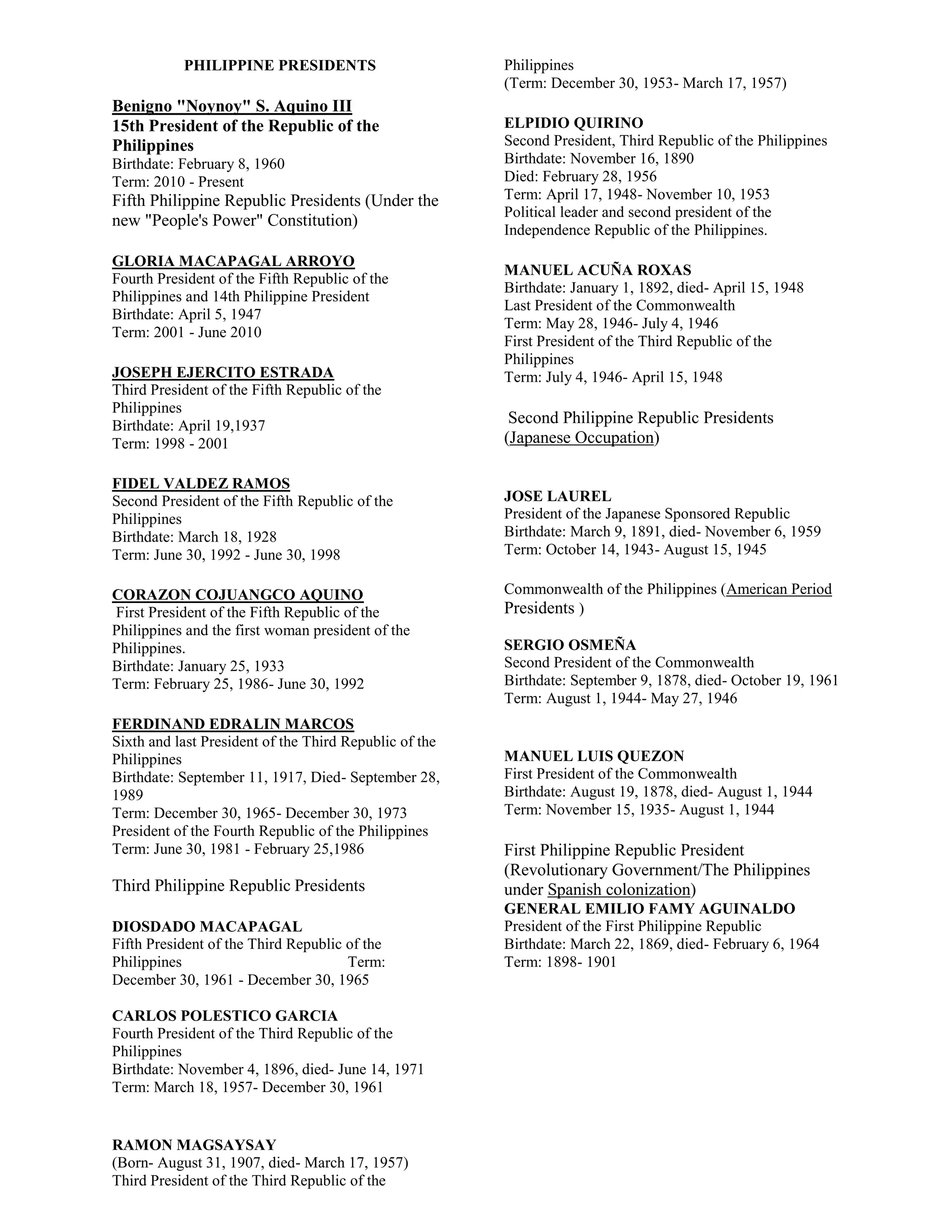 List Of All Presidents In Philippines