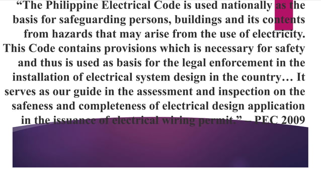 a presenattion of PHILIPPINE ELECTRICAL CODE.pptx | Indoor ...