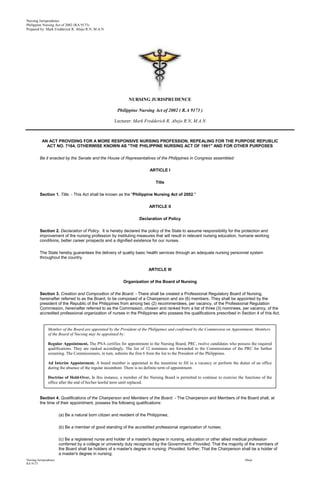 Philippine Nursing Act of 2002 ( R.A 9173) | PDF