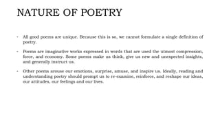 PHILIPPINE POETRY, It's defintion, Nature of Poetry, Basic Kinds of ...