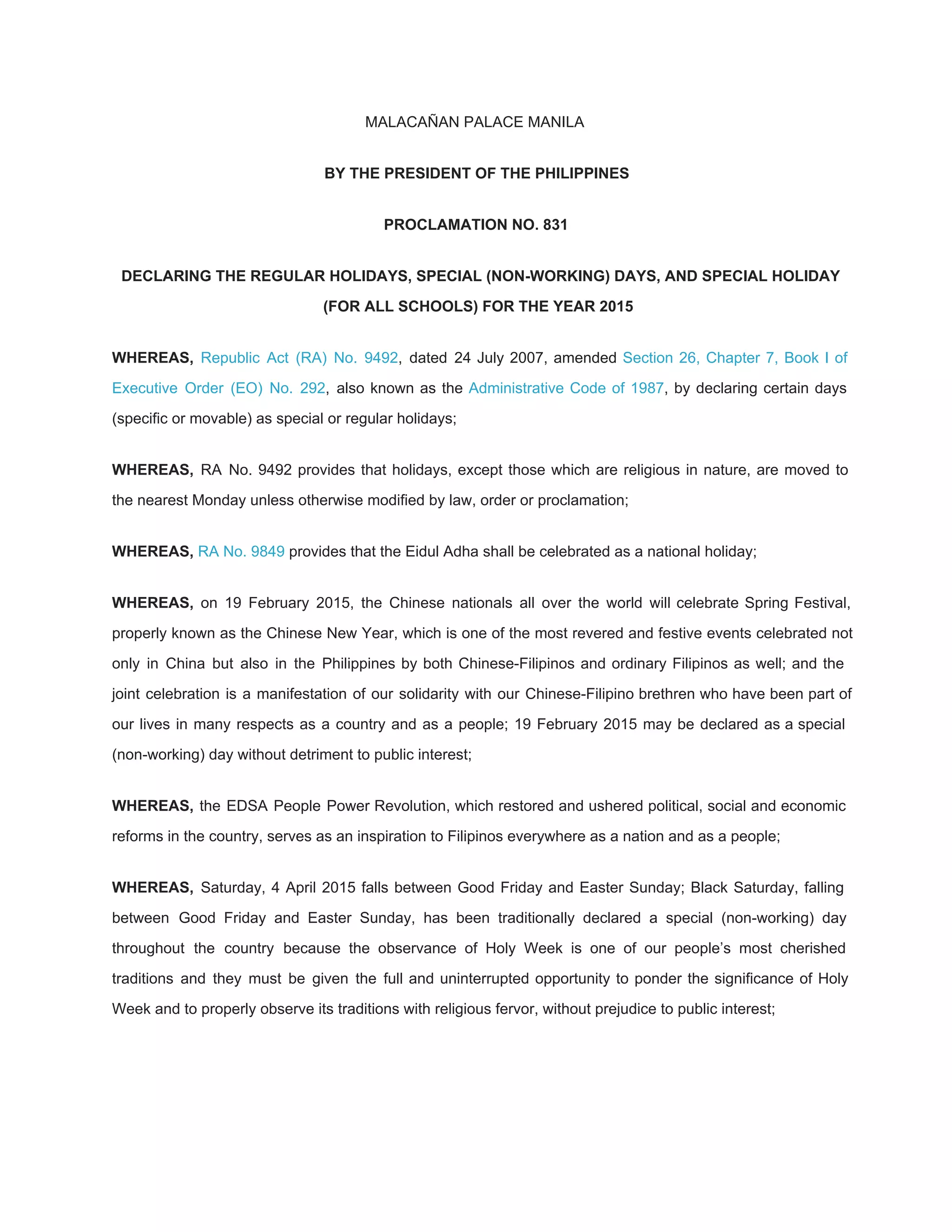 2015 Philippine Holidays - Proclamation No. 831, s. 2014 | PDF