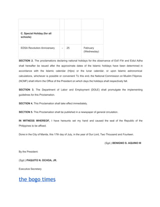 2015 Philippine Holidays - Proclamation No. 831, s. 2014 | PDF