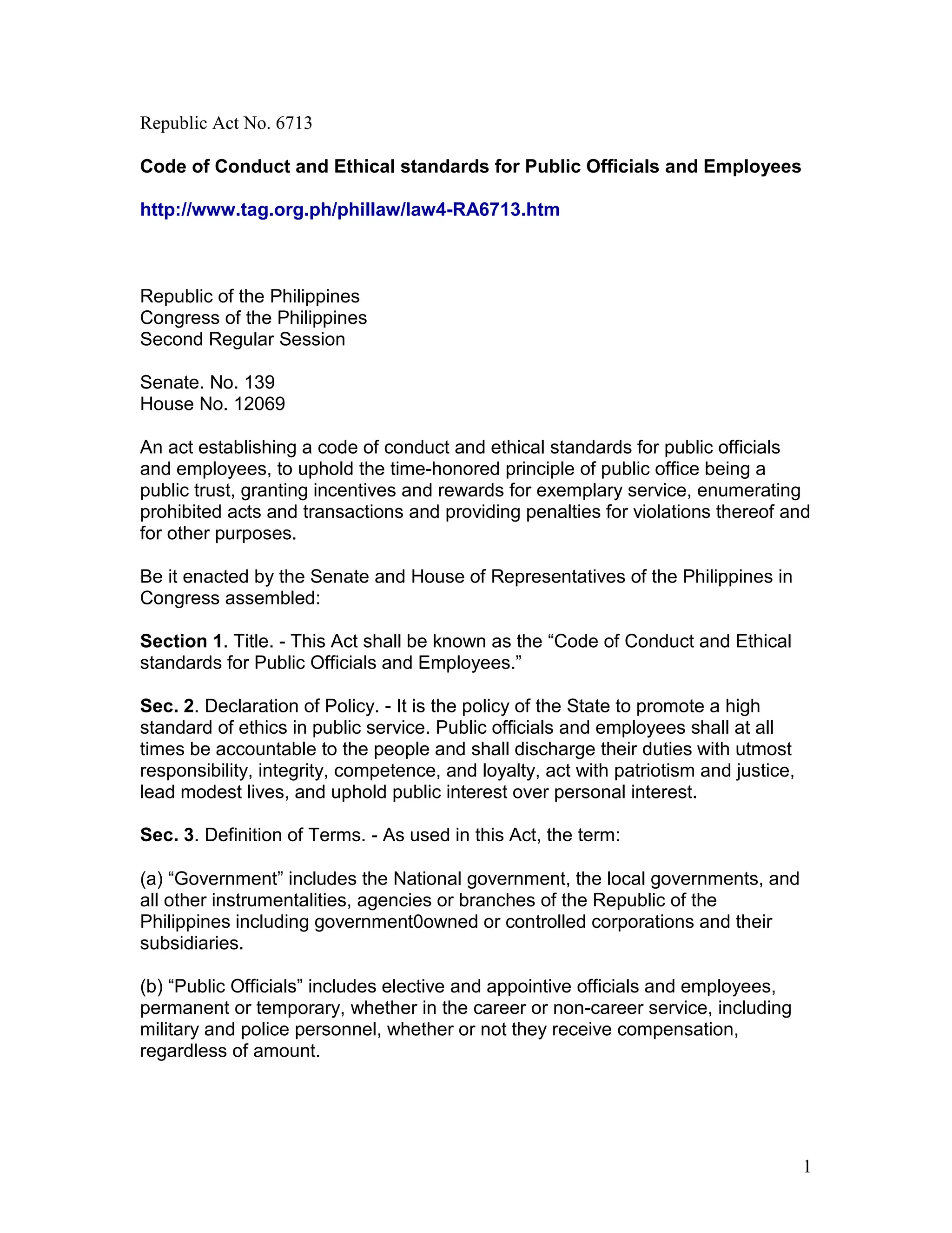 Philippines Code of Conduct and Ethical Standards for Public Officials ...