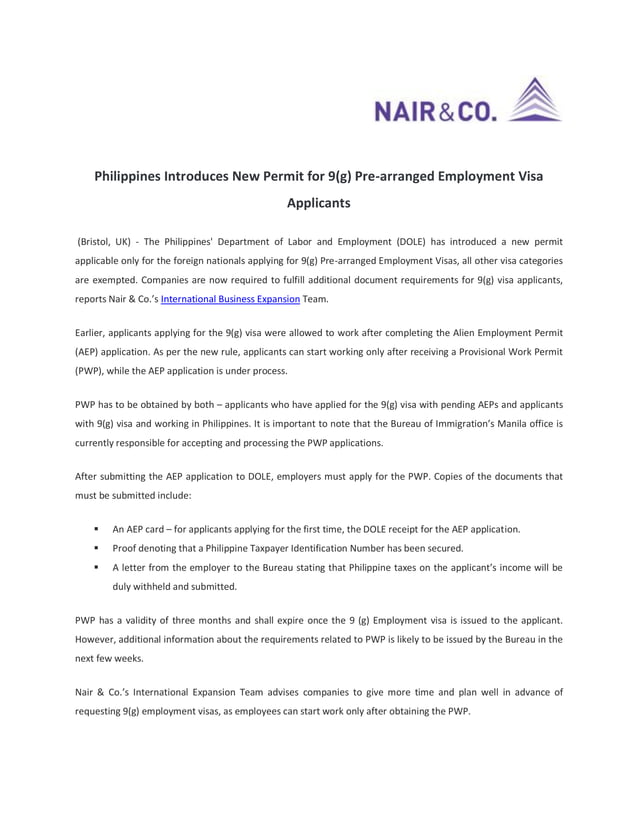 Philippines Introduces New Permit for 9(g) Pre-arranged Employment Visa ...
