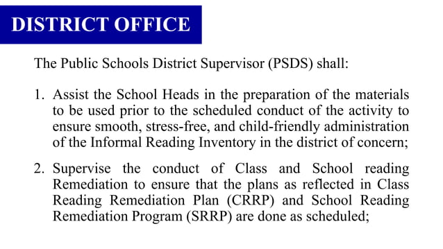 PHIL IRI ROLES AND RESPONSIBILITIES OF SHs CHs DO.pptx | Educational ...