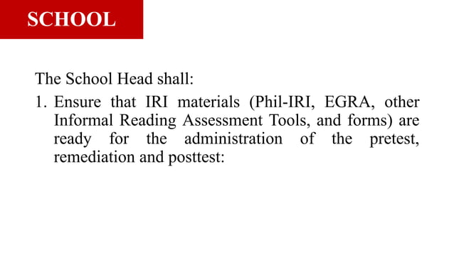 PHIL IRI ROLES AND RESPONSIBILITIES OF SHs CHs DO.pptx | Educational ...