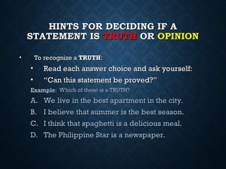 Distinguishing truth and opinion in philosophy | PPT