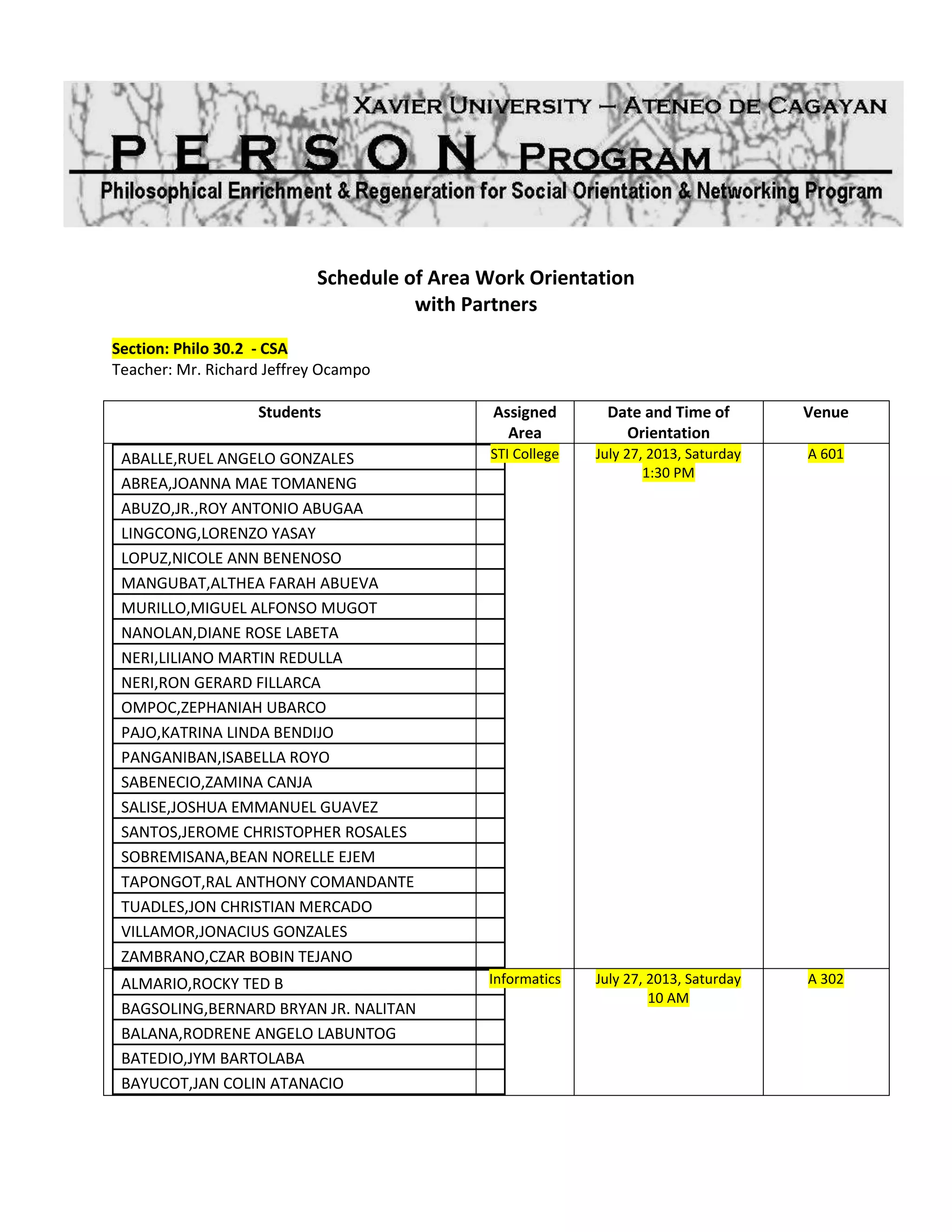 Philo 30.2 CSA orientation schedule | PDF