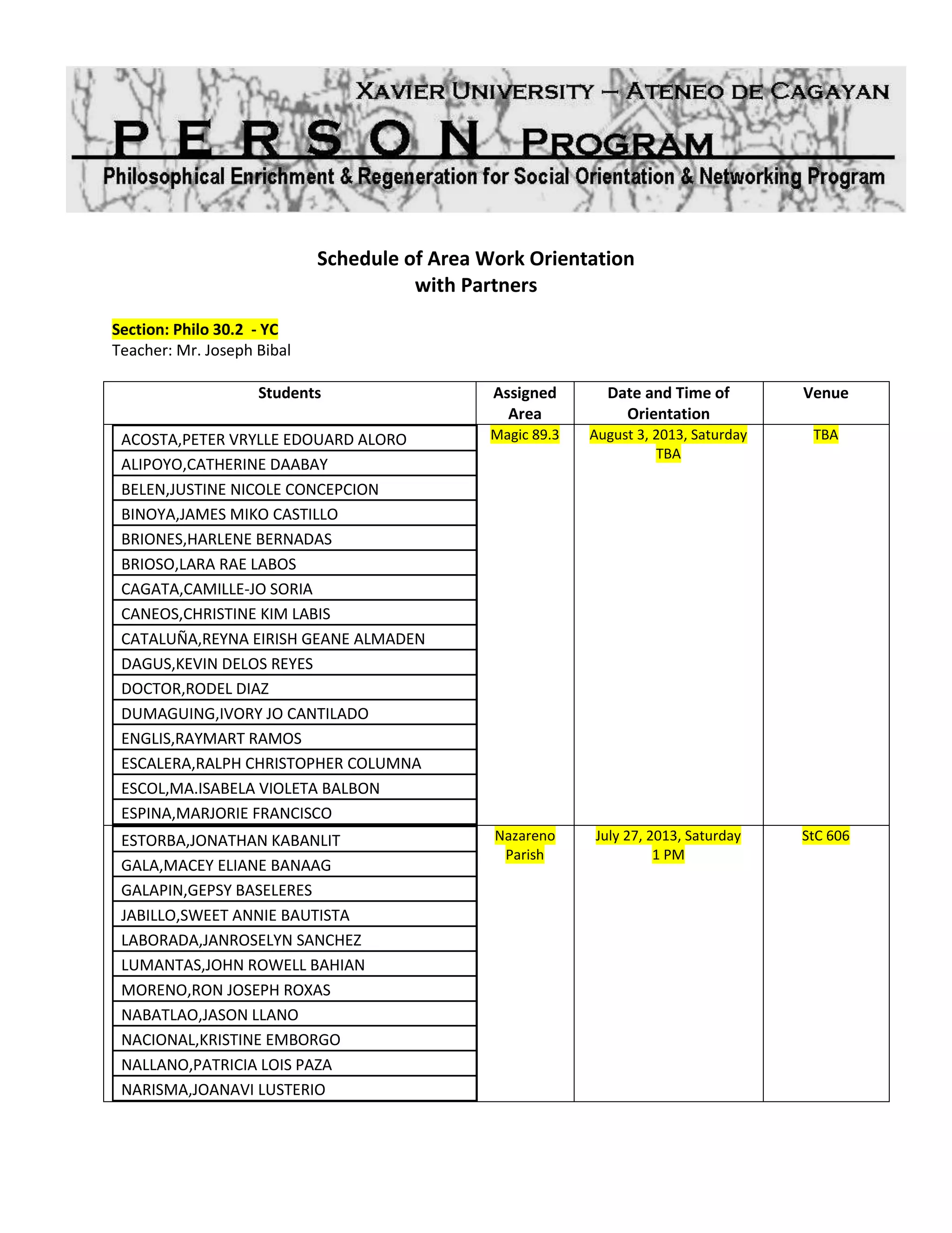 Philo 30.2 YC orientation schedule | PPT