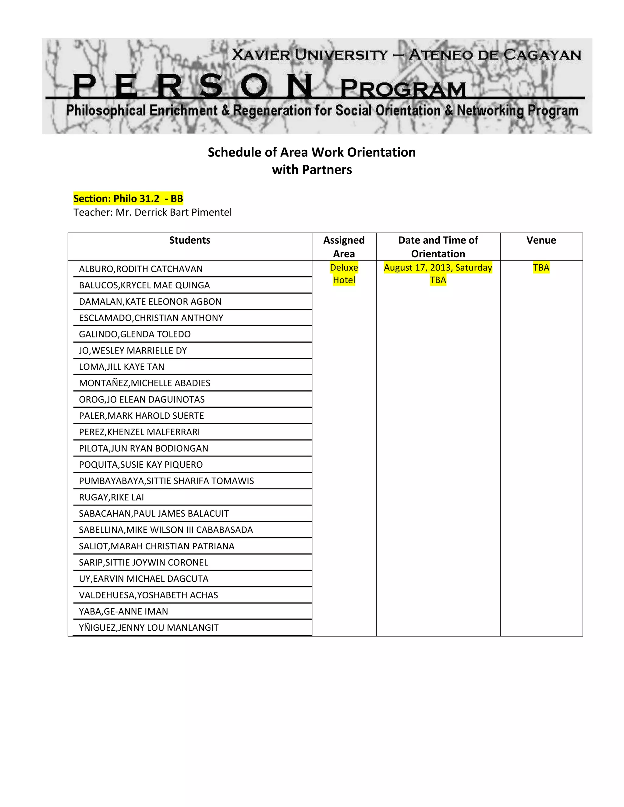 Philo 31.2 BB orientation schedule | DOCX | Hotel Properties | Real Estate